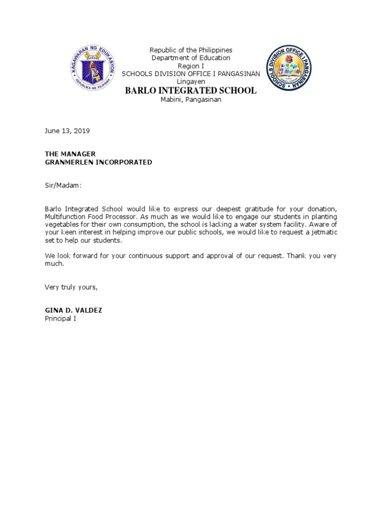 Request for Jetmatic Pump Donation | PDF | Schools | Foods