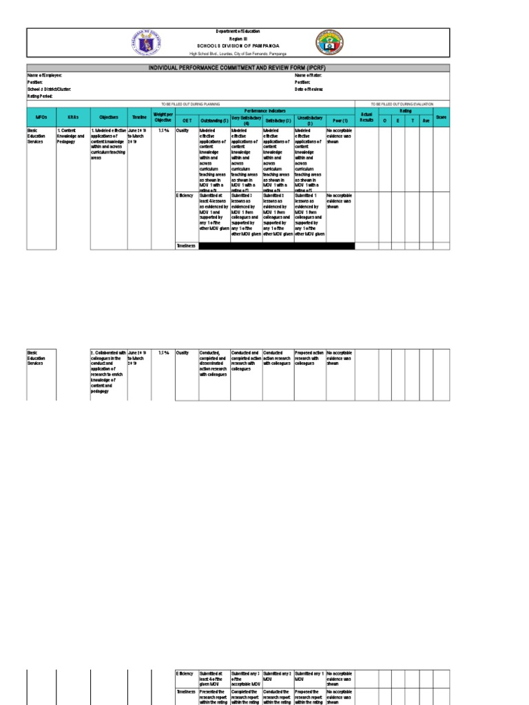 Ipcrf Template For Highly Proficient Teachers Pdf Educational