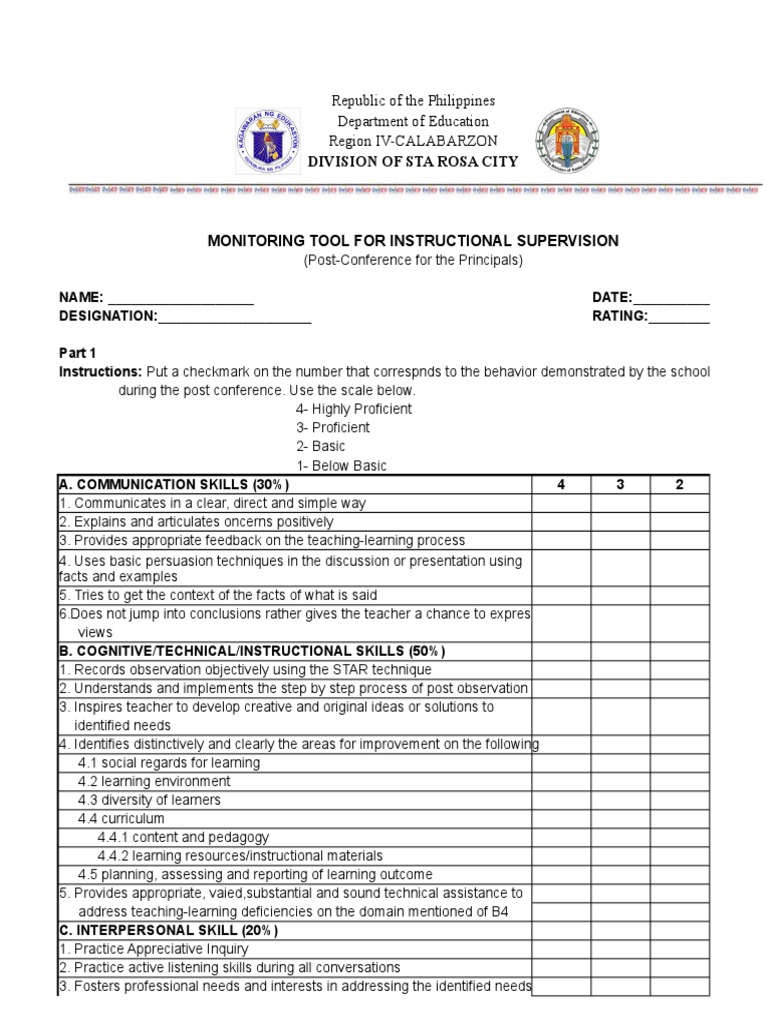 Monitoring Tool For Instructional Supervision | PDF | Learning ...