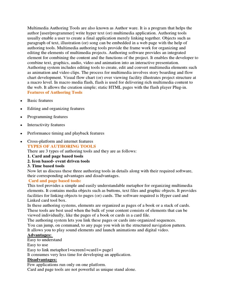 Features of Authoring Tools: 1. Card and Page Based Tools 2. Icon Based-Event Driven Tools 3 ...