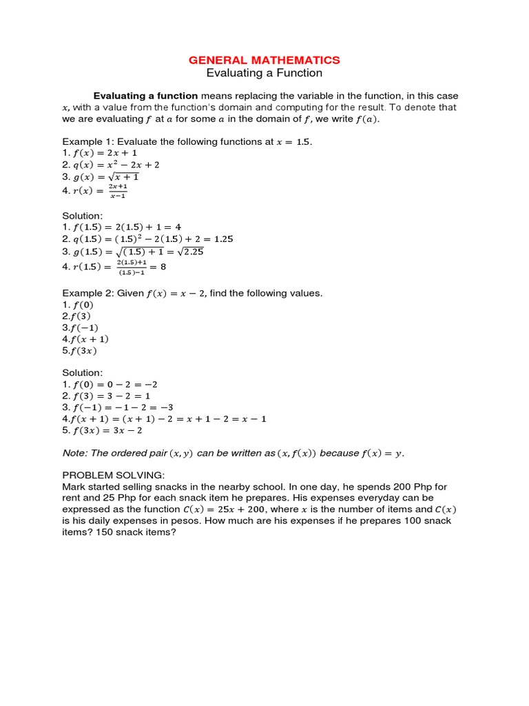 General Mathematics: Evaluating A Function | PDF | Function ...