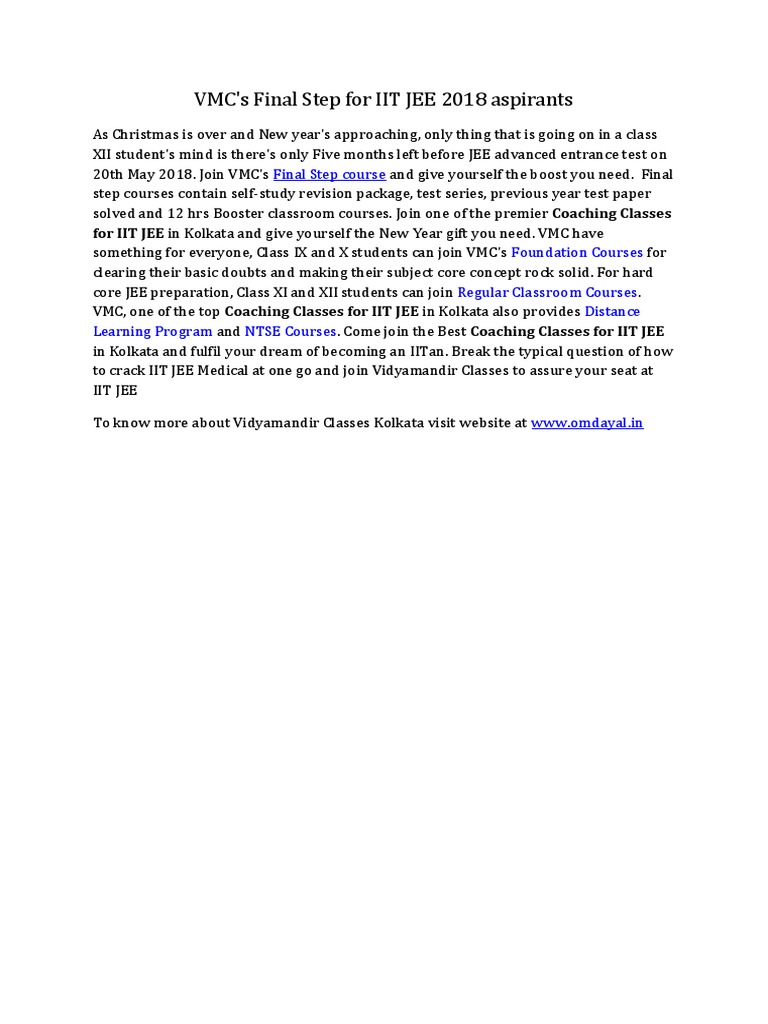 VMC Final Step For Iit Jee 2018 Aspirants | PDF