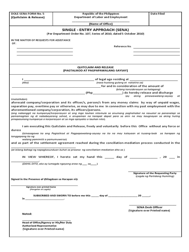 SENA FORM No. 5 - Quitclaim and Release | PDF | Employment | Government