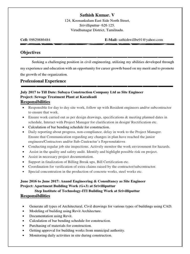 Civil Engineer - Sathish Resume | PDF | General Contractor | Engineering