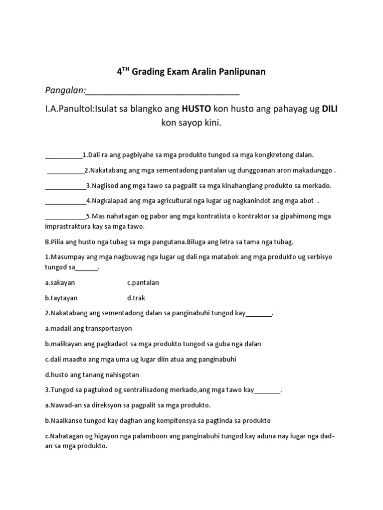 4TH Grading Exam Aralin Panlipunan | PDF