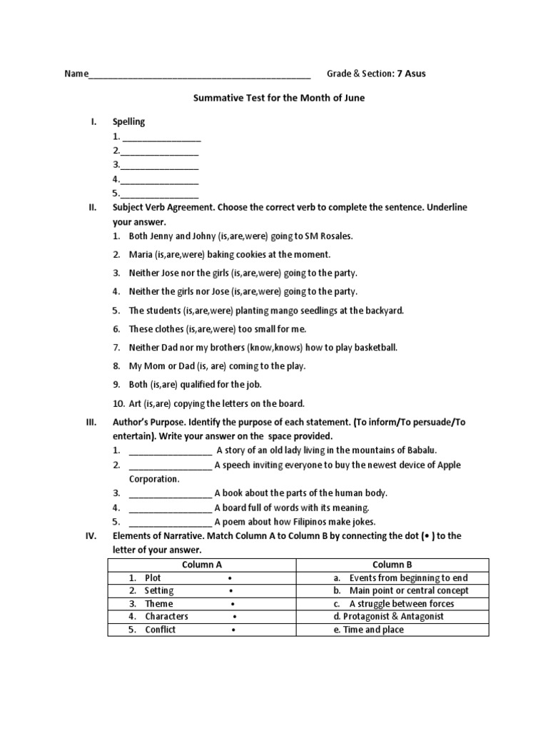 Summative Test For English 7 | PDF