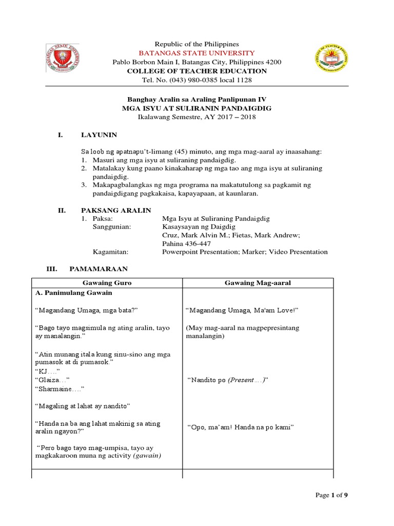 Social Science - Sample Lesson Plan (Tagalog)