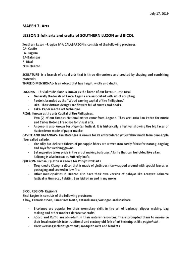 Handouts-Grade 7 Mapeh | PDF | Handicrafts | Decorative Arts