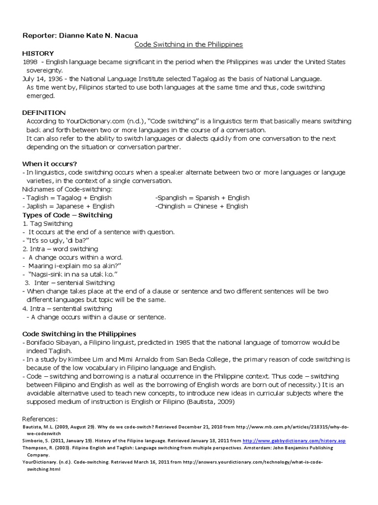 Code Switching in The Philippines | PDF | Cultural Assimilation | Languages