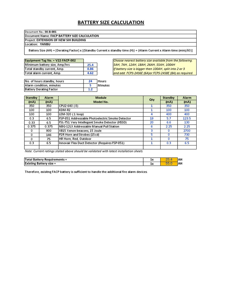 FACP Battery Calculation | PDF | Safety | Equipment