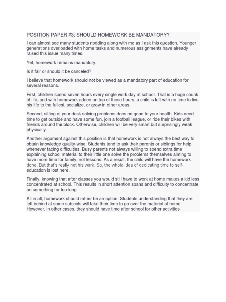 Position Paper #3: Should Homework Be Mandatory? | PDF