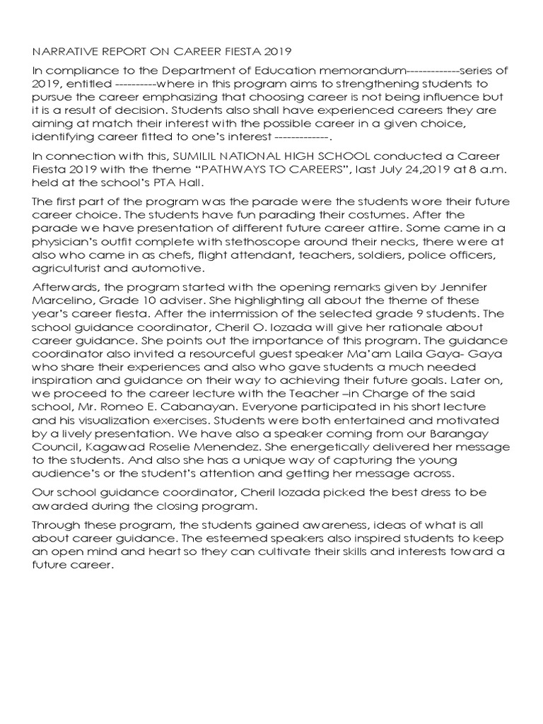 Narrative Report On Career Fiesta 2019 | PDF | Psychology | Learning