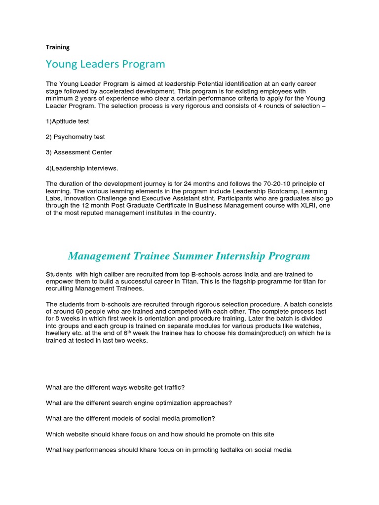 Young Leaders Program: Management Trainee Summer Internship Program | PDF