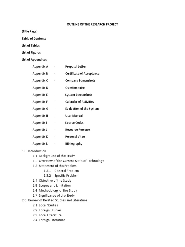 Outline of The Research Project (Title Page) List of Tables List of ...