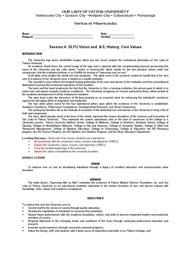 OLFU Vision, Mission, and Core Values | PDF | Schools