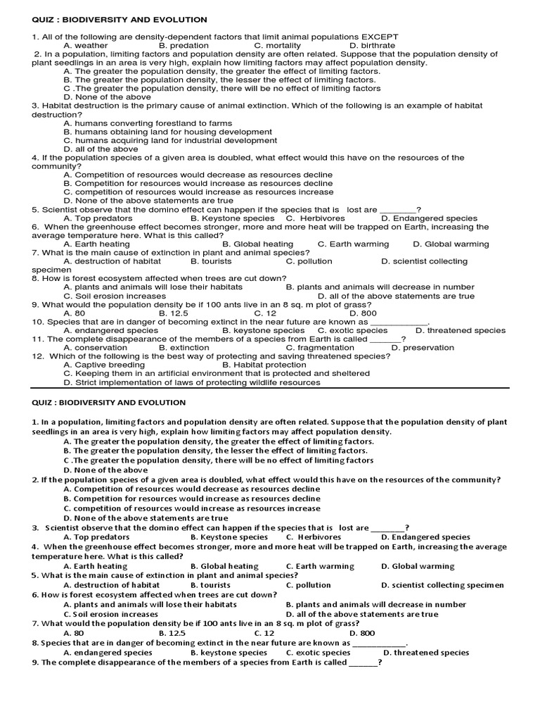 Quiz Biodiversity and Evolution | Download Free PDF | Extinction | Habitat