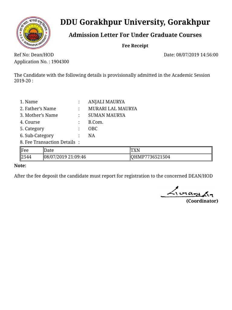 DDU Gorakhpur Admission Fee Receipt | PDF | Business