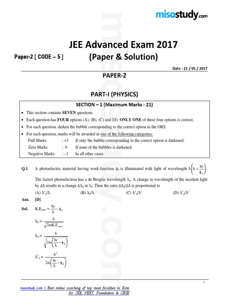 Iit Jee Advanced Examination 2017 Paper 2 PCM | PDF | Physics ...