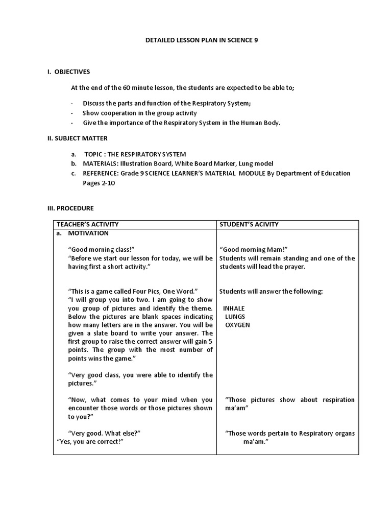 Detailed Lesson Plan in Science 9 | PDF | Lung | Respiratory System