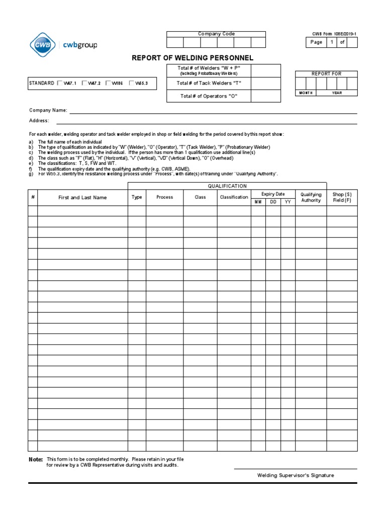 0108e - Report of Welding Personnel | PDF | Welding | Construction
