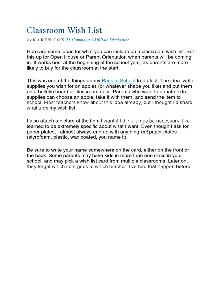 Classroom Wish List: Bykaren Cox | PDF | Wellness