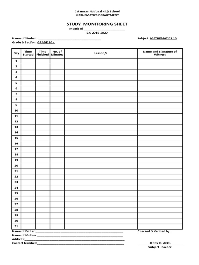 Study Monitoring Sheet: Mathematics Department | PDF | Learning ...
