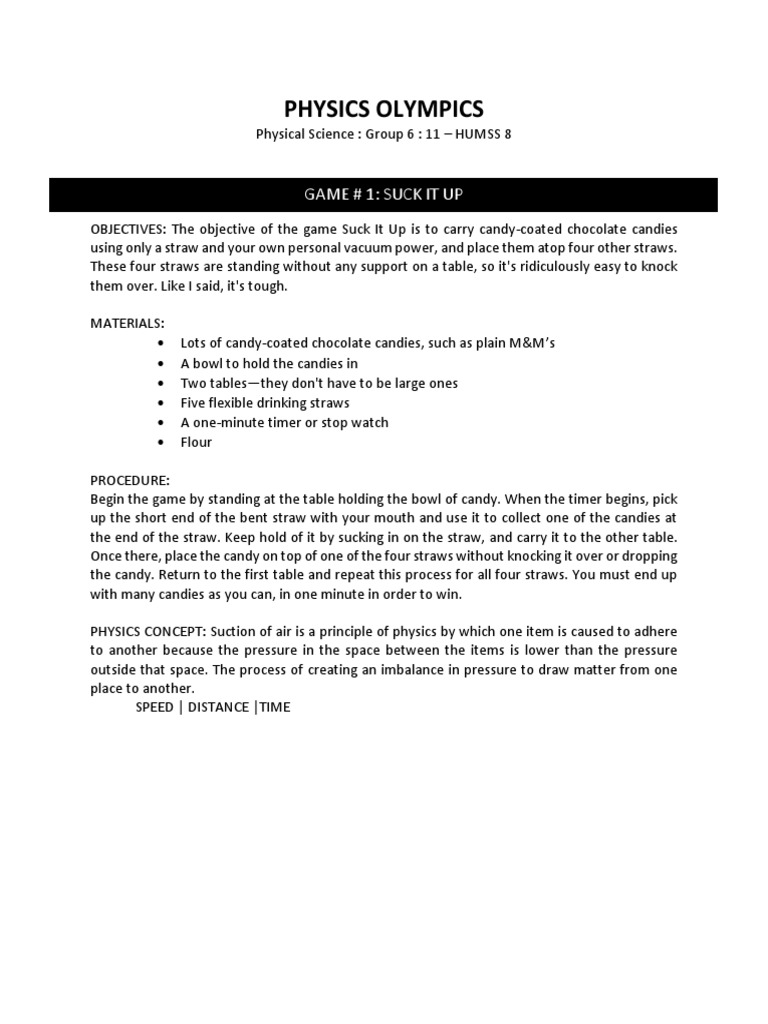 Physics Olympics Game 1 Suck It Up Download Free Pdf Physical