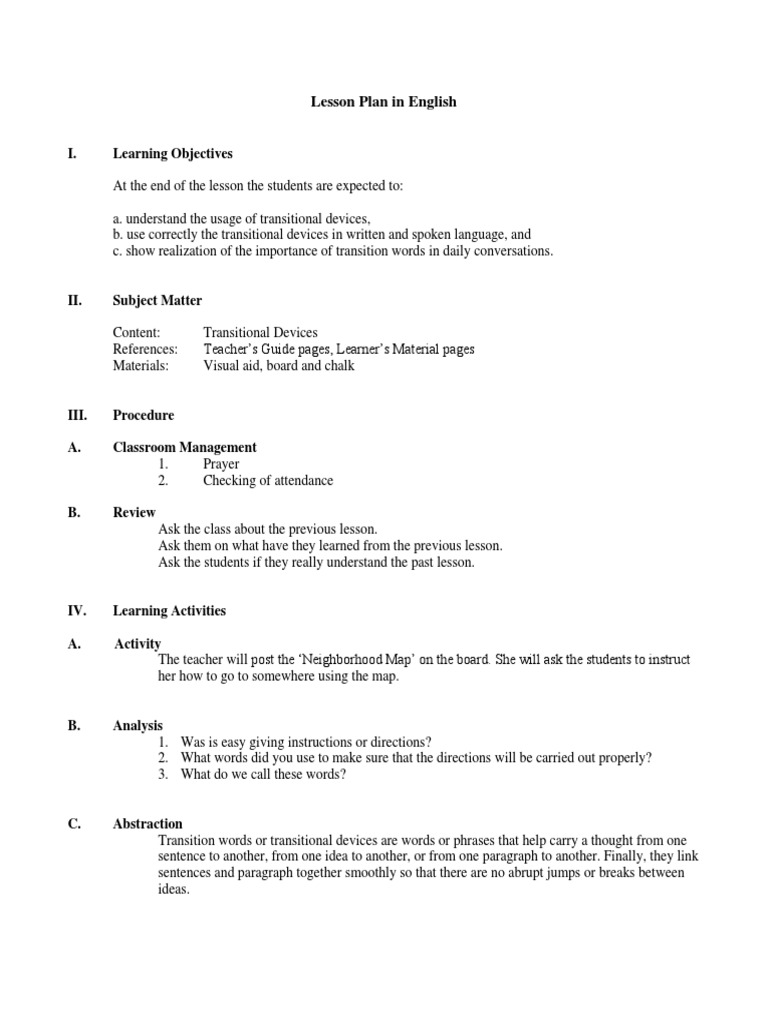 Lesson Plan in English: I. Learning Objectives | Download Free PDF ...