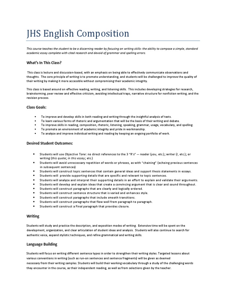 JHS English Composition: What's in This Class? | PDF | Essays | Homework