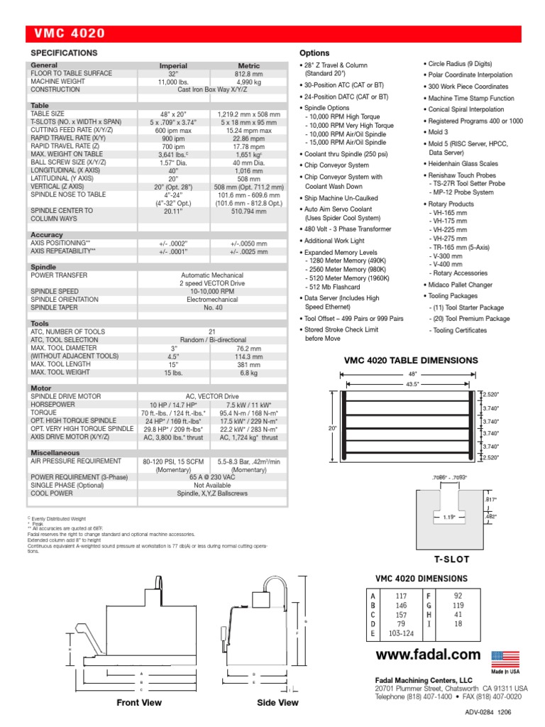 Specifications: VMC 4020 Table Dimensions | PDF | Horsepower ...