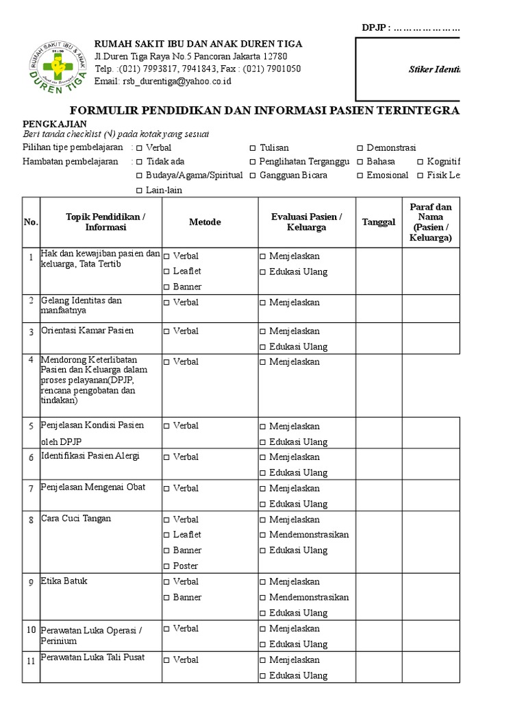Formulir Pendidikan Dan Informasi Pasien Terintegrasi: Beri tanda ...