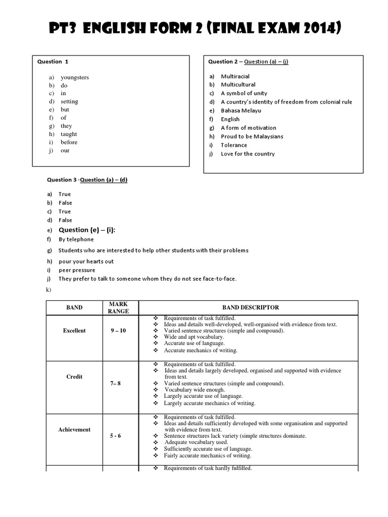 Pt3 English Form 2 (Final Exam 2014) : Question (E) - (I) | PDF