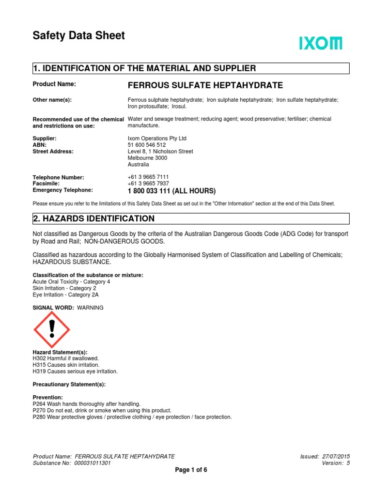 Ferrous Sulfate Safety Data Sheet SDS | PDF | Dangerous Goods ...