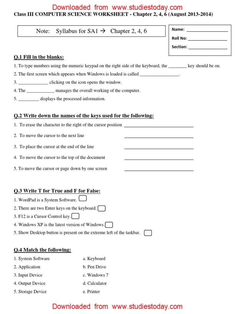 CBSE Class 3 Computer Practice Worksheet (11) - With Answers | PDF ...