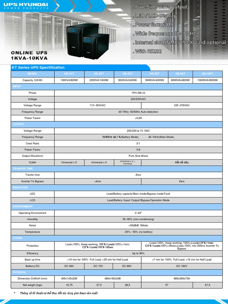 KT Series UPS Spectification: Model HD-1KT HD-2KT HD-3KT HD-5KT HD-6KT ...