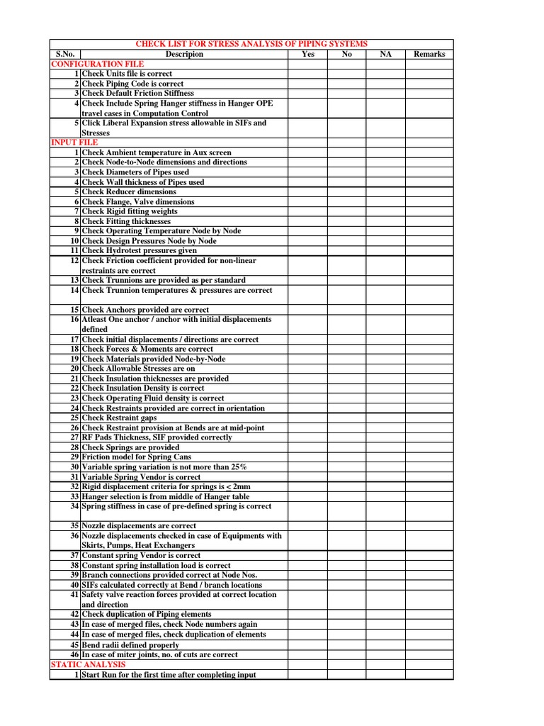 Piping Stress Analysis Checklist | PDF | Pipe (Fluid Conveyance ...