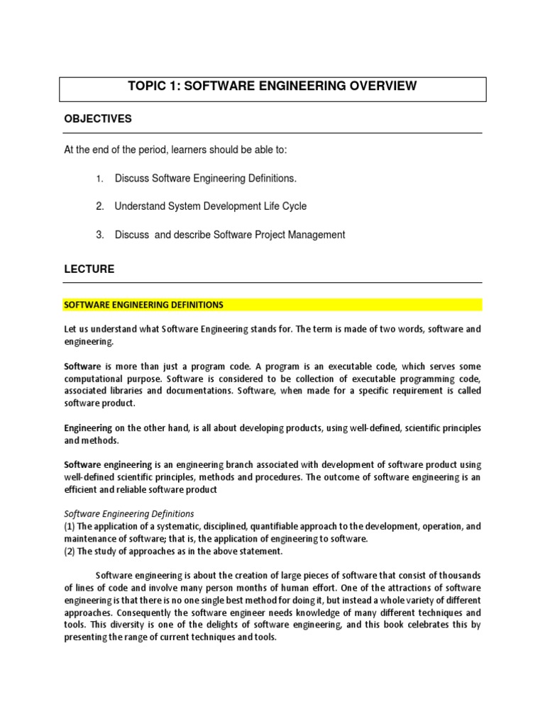 Topic 1: Software Engineering Overview: Objectives | PDF | Software ...