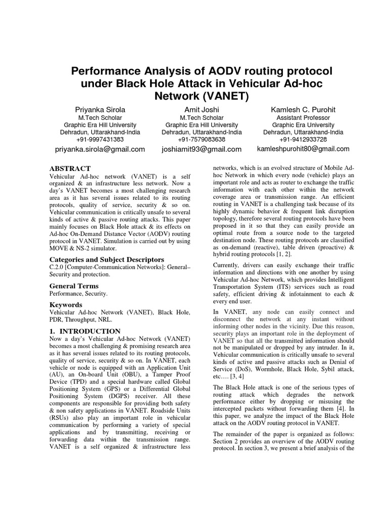 Performance Analyses of AODV Routing Protocol Under Black Hole Attack in Vehicular Ad-Hoc ...
