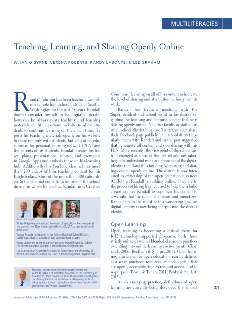 Teaching, Learning, and Sharing Openly Online: Multiliteracies | PDF | Educational Technology ...