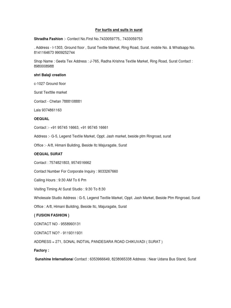 Surat Textile Market Contact List | PDF