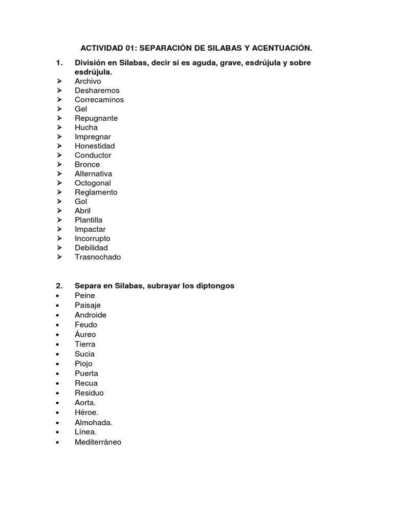 Actividad 01 - División de Silabas y Acentuación | PDF | Voz humana ...