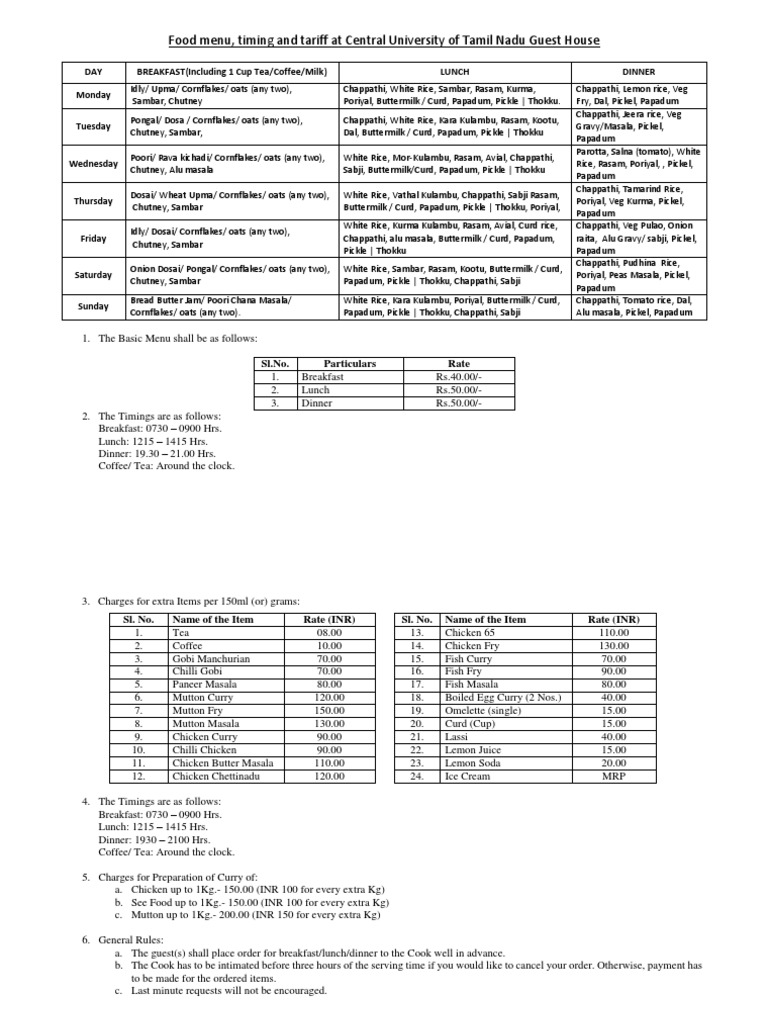 Food Menu, Timing and Tariff at Central University of Tamil Nadu Guest ...