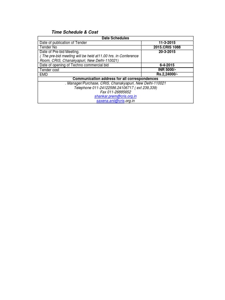 Time Schedule & Cost: Date of Publication of Tender Tender No Date of ...