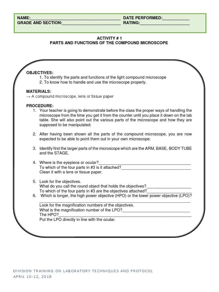 Activity #1 Parts of The Compound Microscope | PDF | Optics | Microscopy
