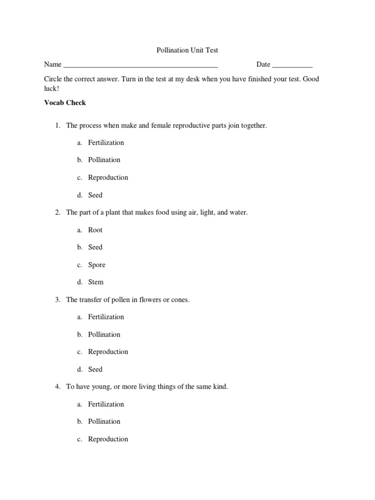 Pollination Unit Test PDF | PDF | Flowers | Pollination