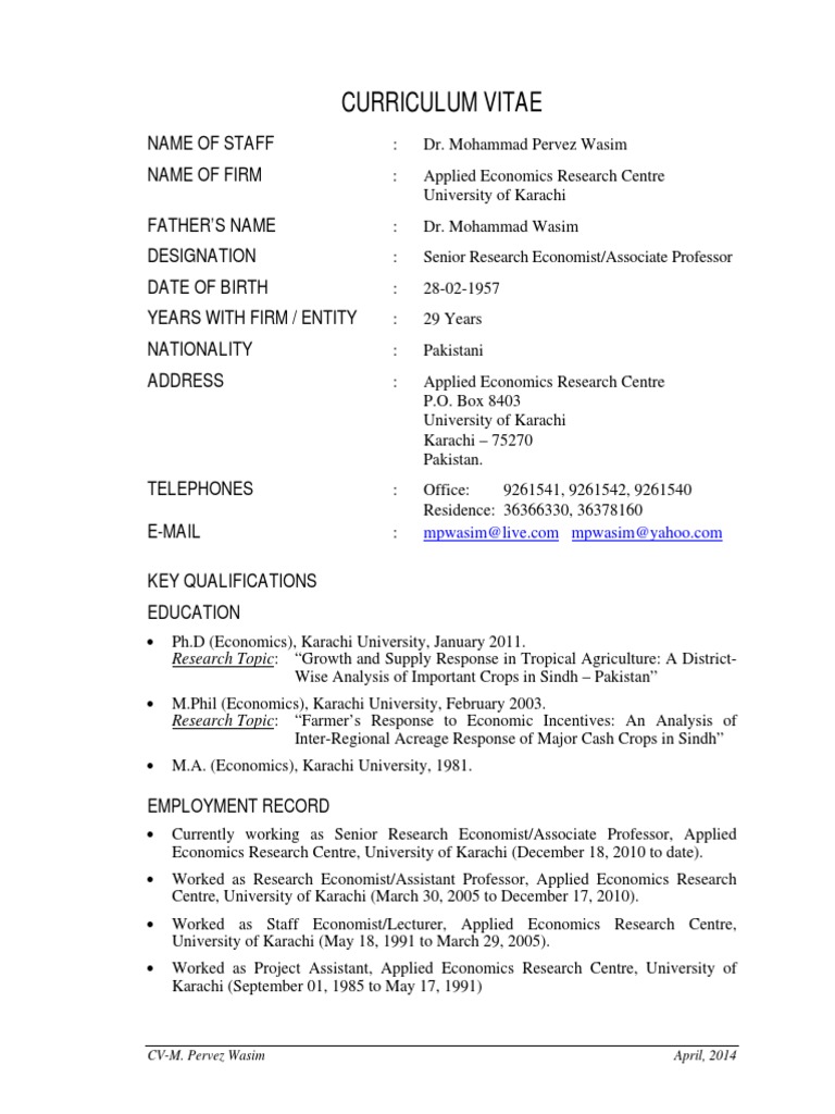 Pervez Wasim CV | PDF | Pakistan | Karachi