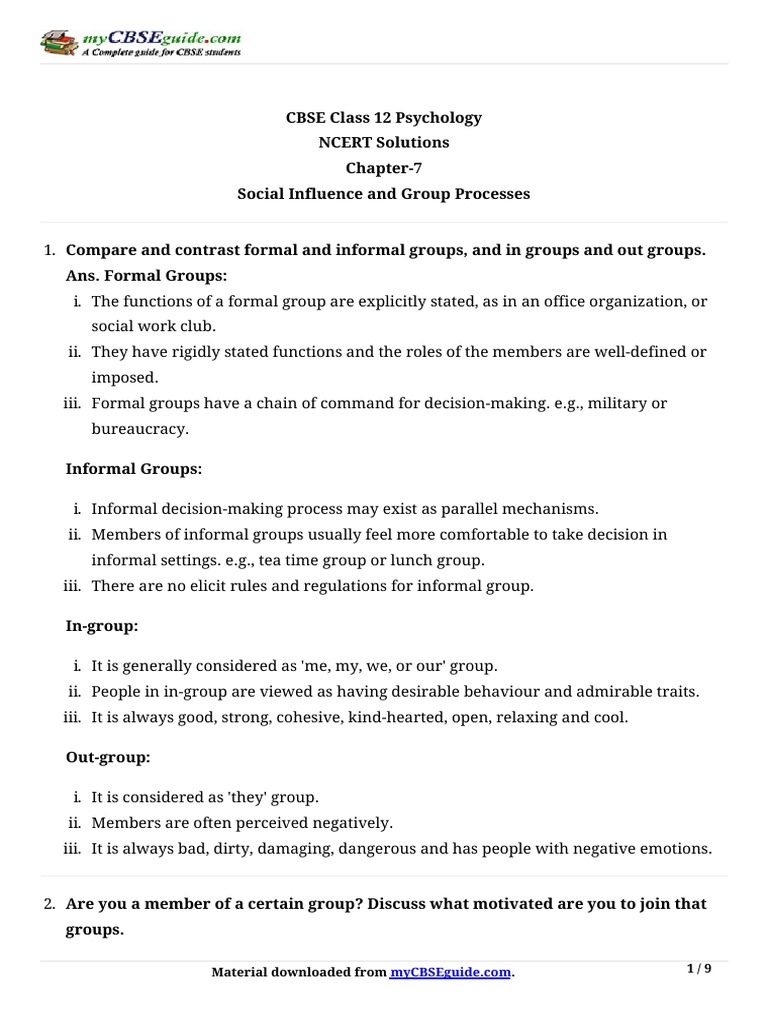 CBSE Class 12 Psychology NCERT Solutions Chapter-7 Social Influence and Group Processes | PDF ...