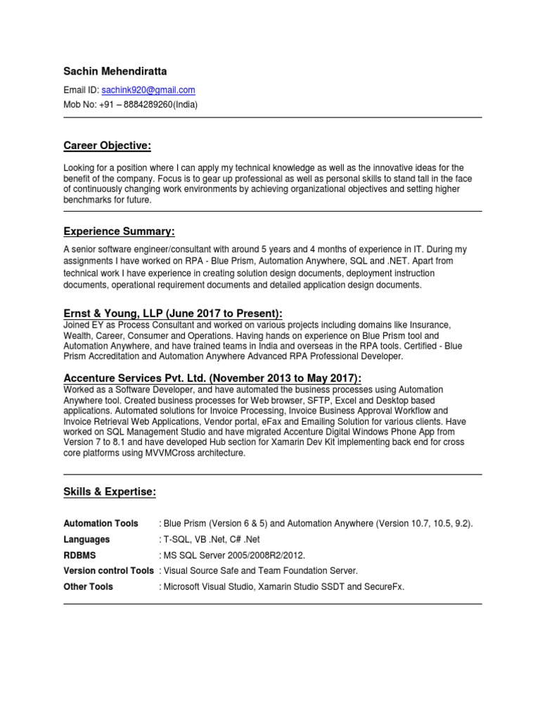 Resume Format For RPA MACHINE LEARNING | PDF | Automation | Computing