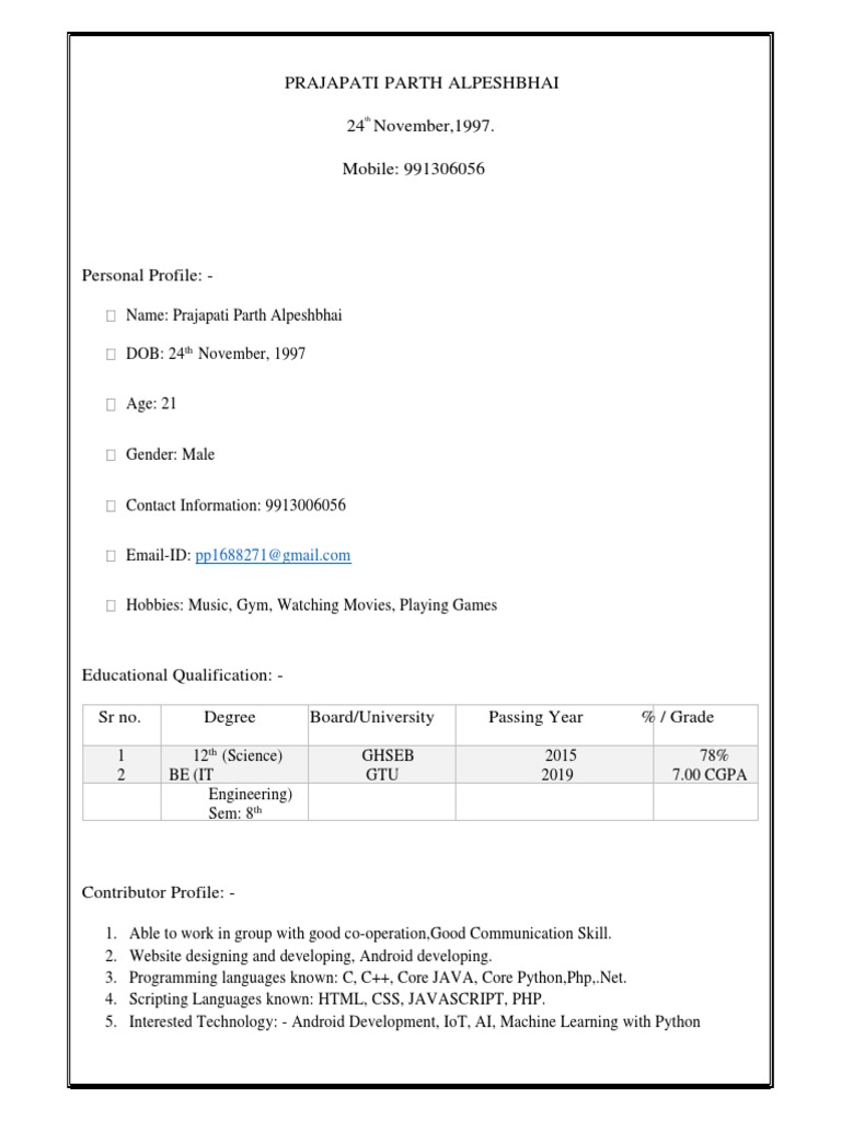 Parth Alpeshbhai's Resume with Contact and Educational Details | PDF ...