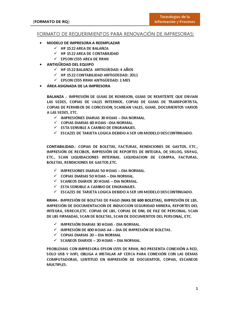 Formato RQ Impresoras | PDF | Impresora (Computación) | Ingeniería Informática